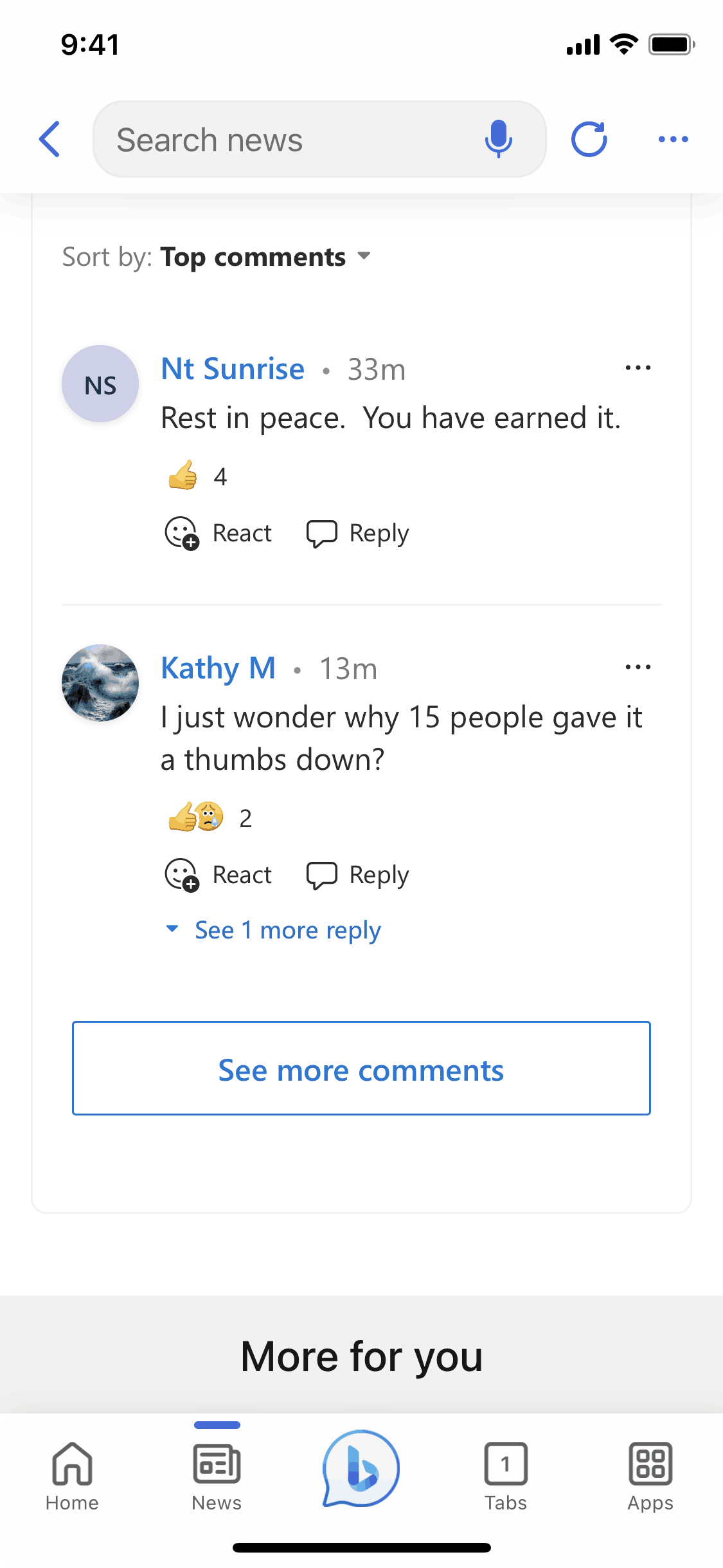 Bing iOS Full Comment Section | Mobbin