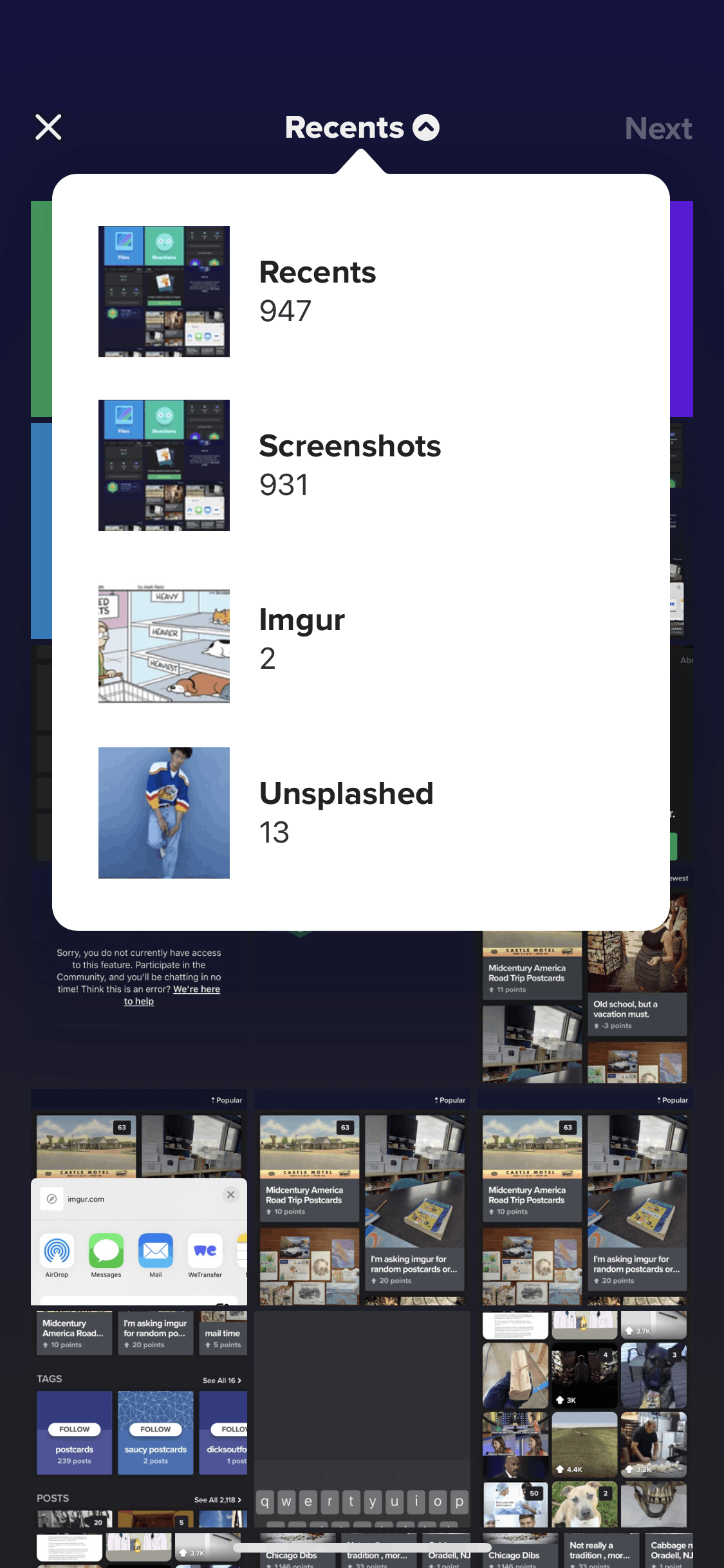 Imgur iOS Recent Sources Modal | Mobbin