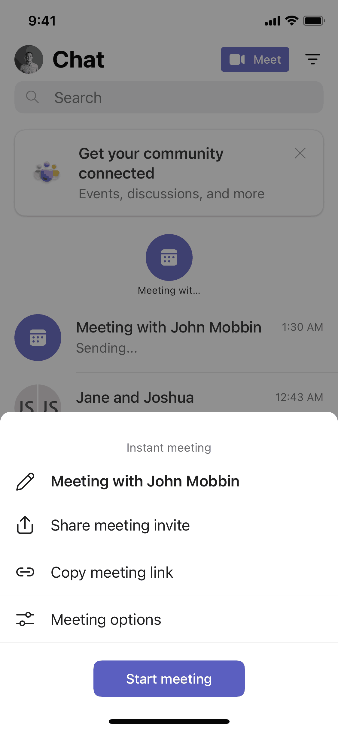 Microsoft Teams iOS Instant Meeting Options | Mobbin