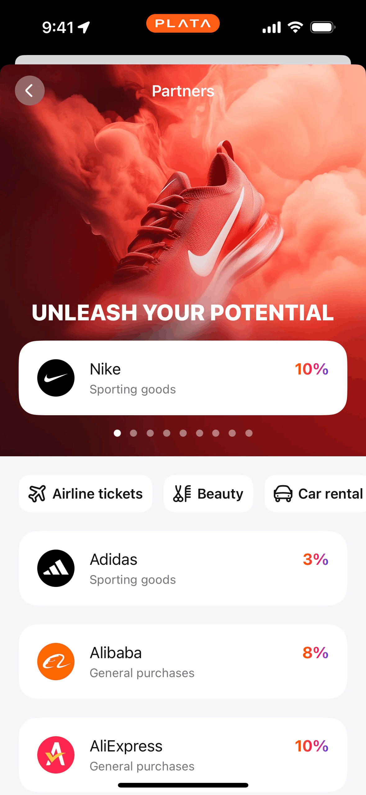 Plata Card iOS Partner list | Mobbin