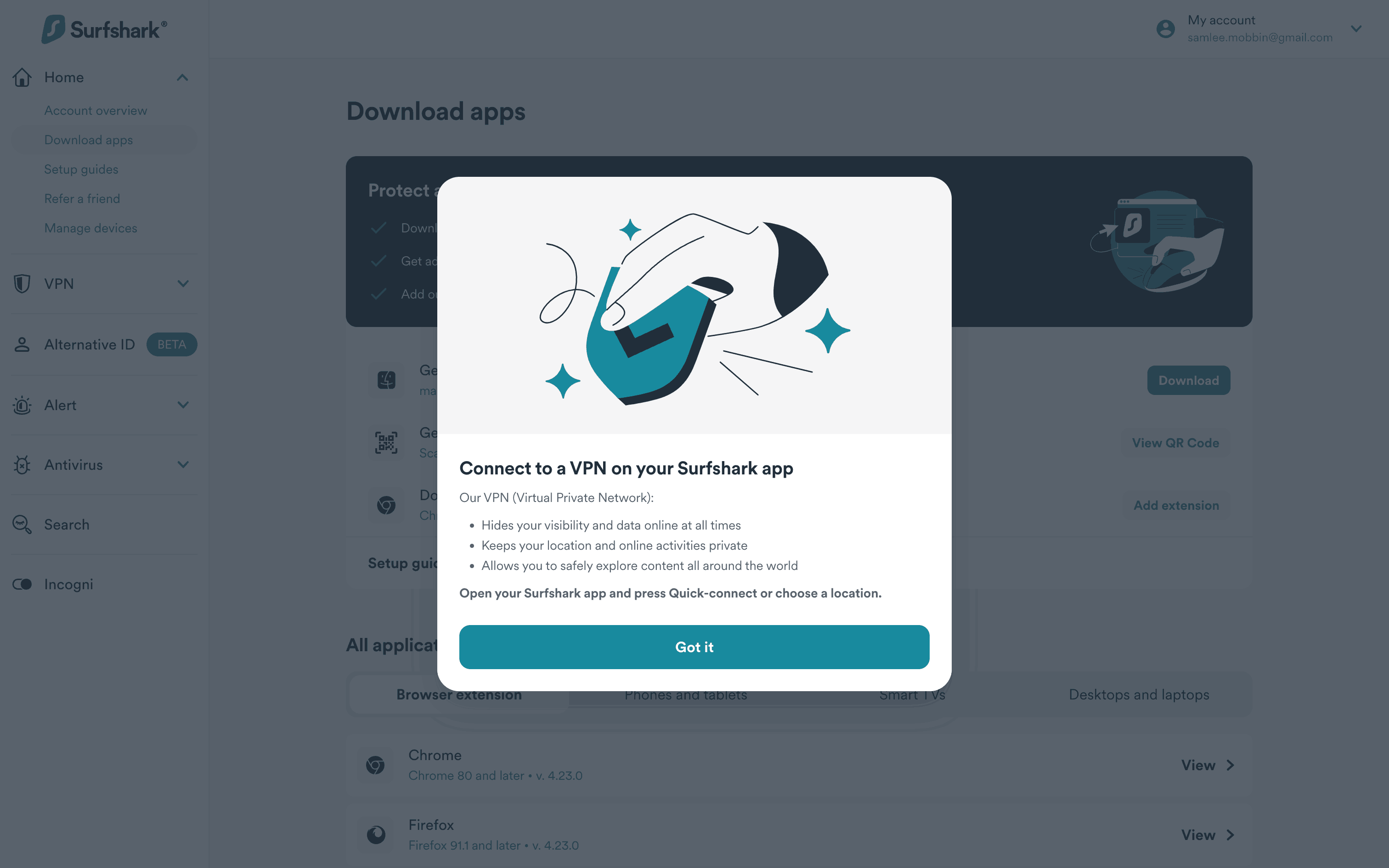 Surfshark Web VPN Connection Popup | Mobbin