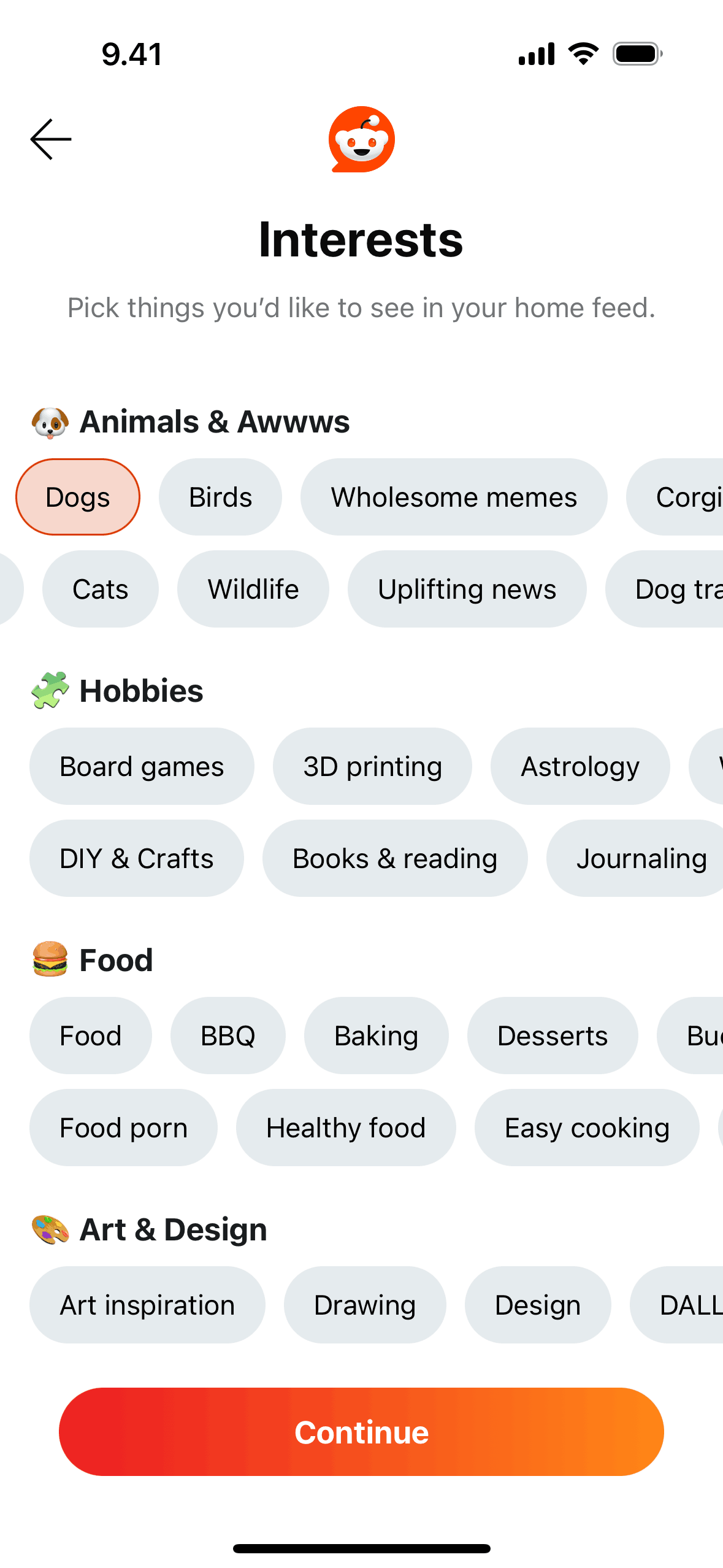 Reddit iOS Interest selection | Mobbin