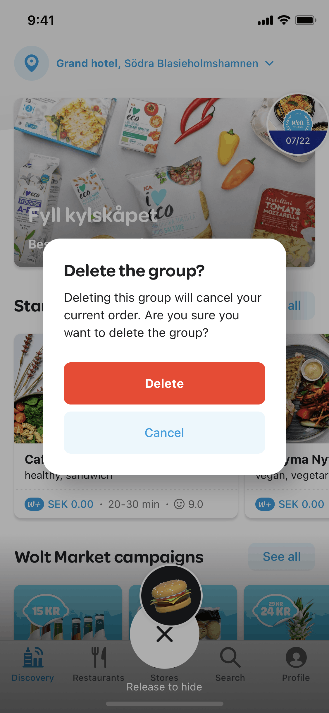 Wolt Delivery iOS Deletion Confirmation | Mobbin