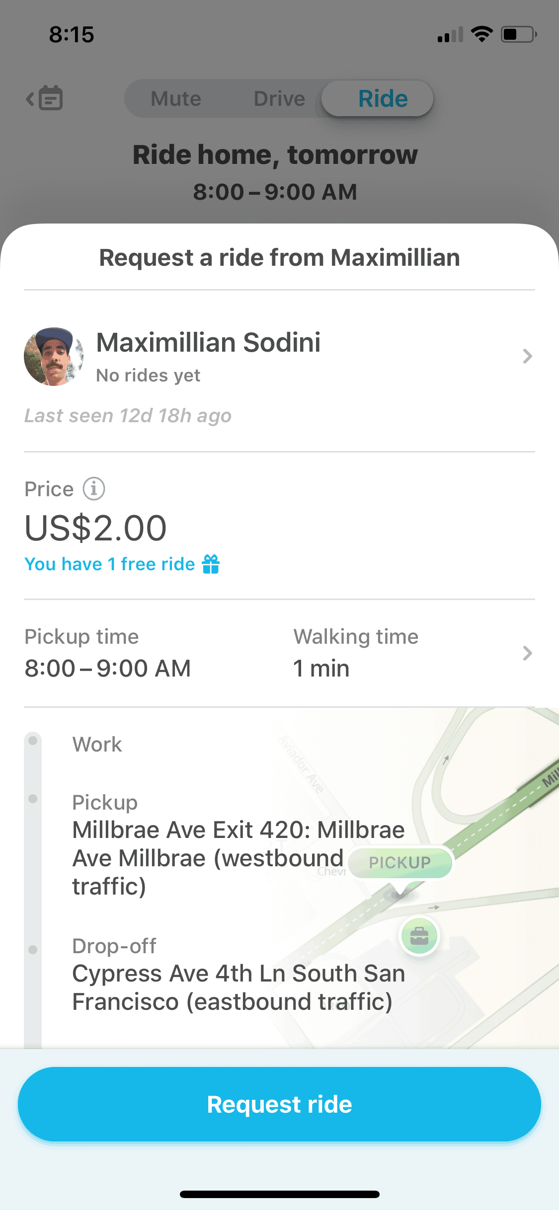 Waze Carpool iOS Ride Request Details | Mobbin