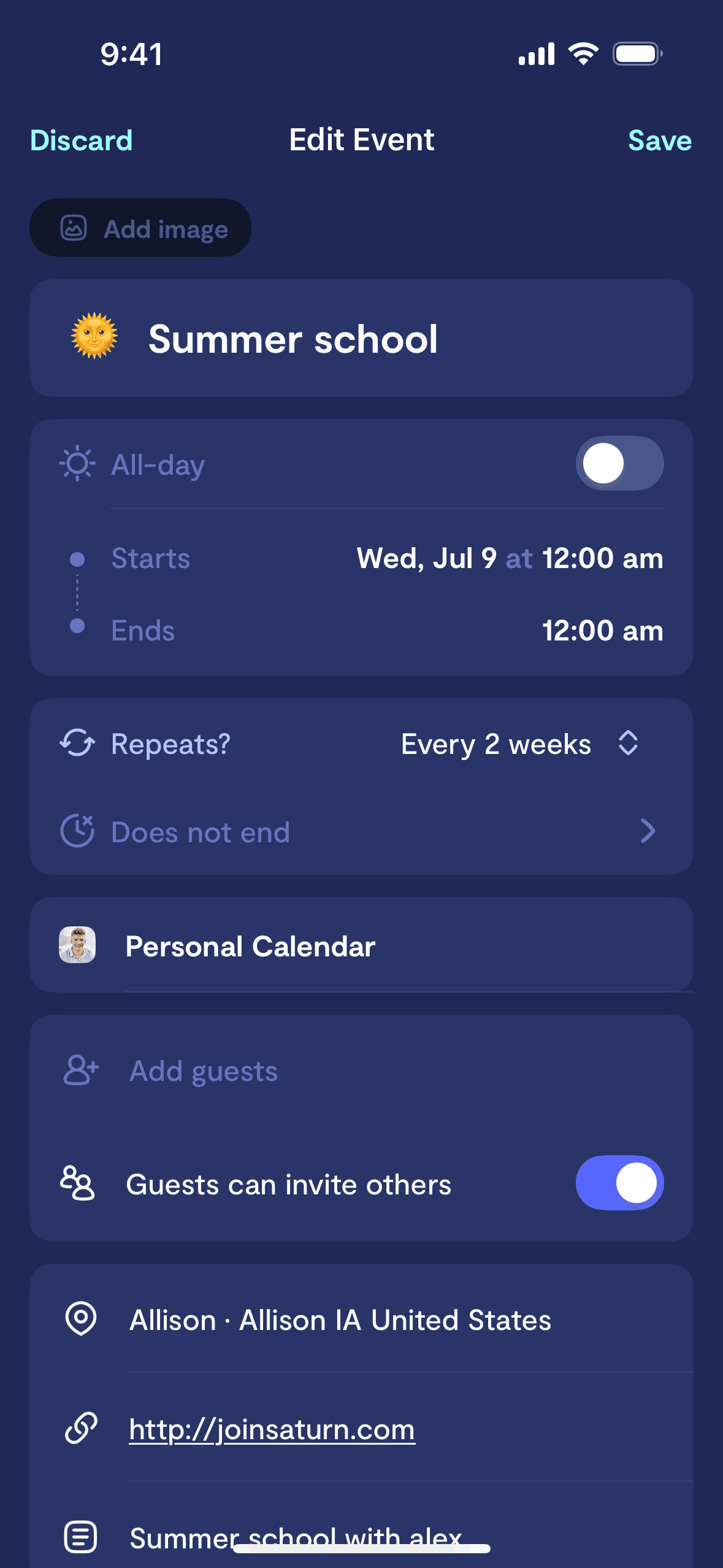 Saturn Calendar iOS Edit Event Form | Mobbin