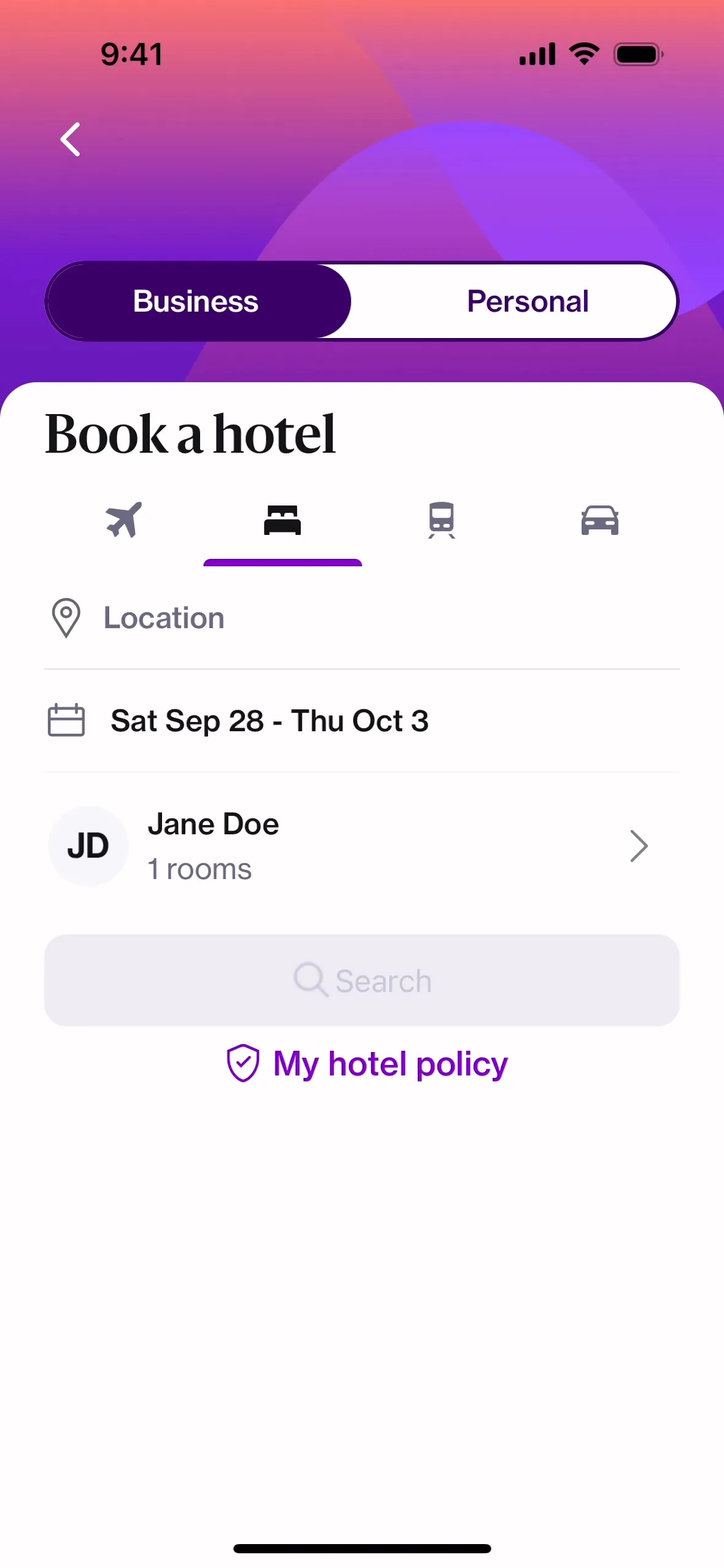 Navan iOS Hotel search form | Mobbin