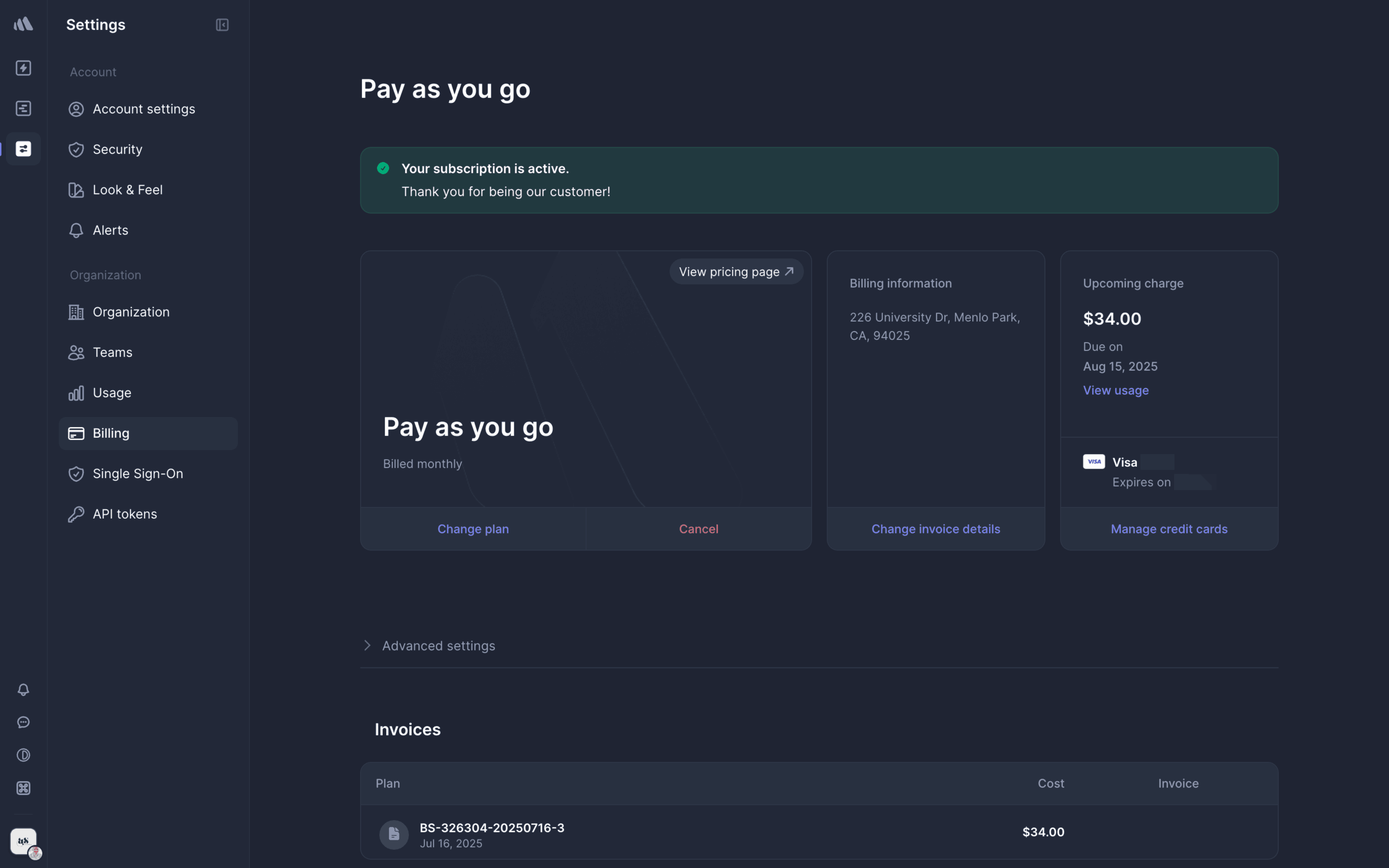 Better Stack Web Billing Settings Page | Mobbin